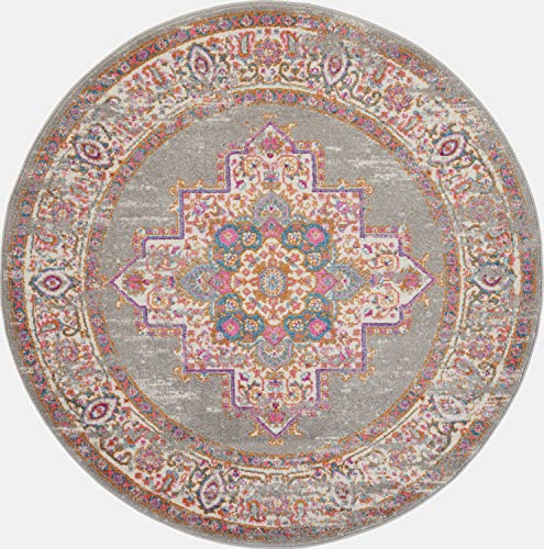 Nourison Passion Grey 8' x Round Area -Rug, Boho, Traditional, Easy -Cleaning, Non Shedding, Bed Room, Living Room, Hallway, (8' Round)