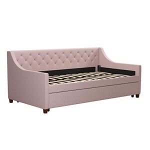 Novogratz Her Majesty Upholstered Daybed with Trundle, Twin Size Frame, Pink Linen