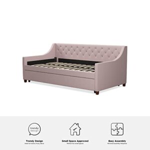 Novogratz Her Majesty Upholstered Daybed with Trundle, Twin Size Frame, Pink Linen