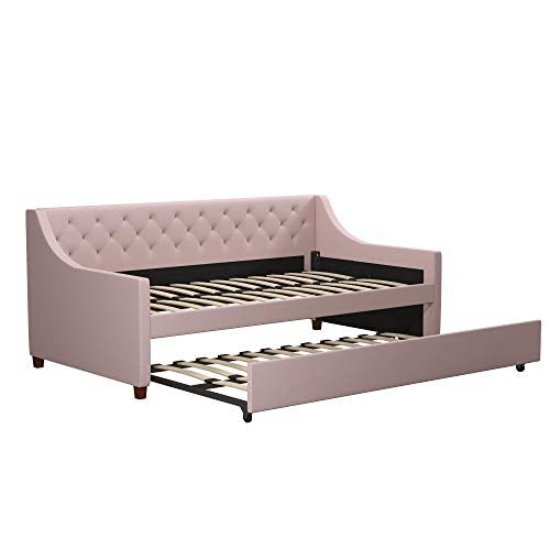 Novogratz Her Majesty Upholstered Daybed with Trundle, Twin Size Frame, Pink Linen