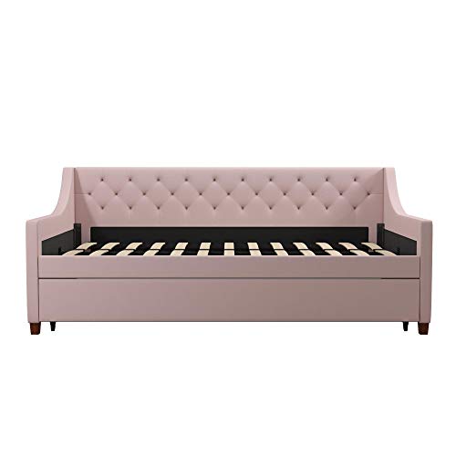 Novogratz Her Majesty Upholstered Daybed with Trundle, Twin Size Frame, Pink Linen