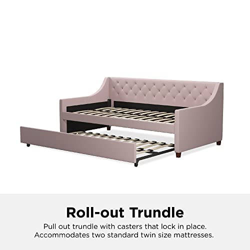 Novogratz Her Majesty Upholstered Daybed with Trundle, Twin Size Frame, Pink Linen