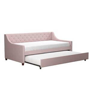 Novogratz Her Majesty Upholstered Daybed with Trundle, Twin Size Frame, Pink Linen