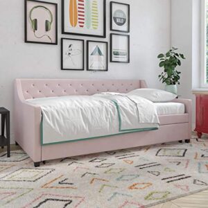 Novogratz Her Majesty Upholstered Daybed with Trundle, Twin Size Frame, Pink Linen