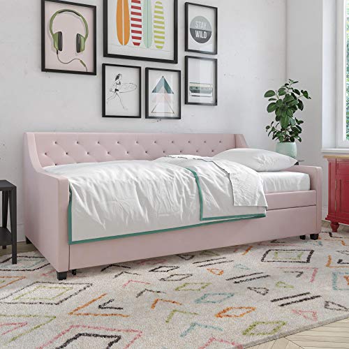 Novogratz Her Majesty Upholstered Daybed with Trundle, Twin Size Frame, Pink Linen