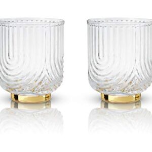 Viski Gatsby Lowball Glasses, Vintage Drinking Tumblers for Whiskey, Scotch & Bourbon, Art Deco Ripple Glassware Arch Design, Gold Plated Base Crystal Drinking Set, Set of 2 , 12oz