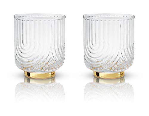 Viski Gatsby Lowball Glasses, Vintage Drinking Tumblers for Whiskey, Scotch & Bourbon, Art Deco Ripple Glassware Arch Design, Gold Plated Base Crystal Drinking Set, Set of 2 , 12oz