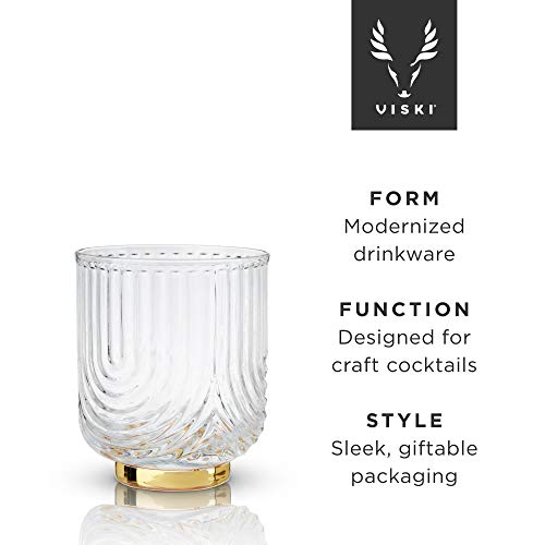 Viski Gatsby Lowball Glasses, Vintage Drinking Tumblers for Whiskey, Scotch & Bourbon, Art Deco Ripple Glassware Arch Design, Gold Plated Base Crystal Drinking Set, Set of 2 , 12oz