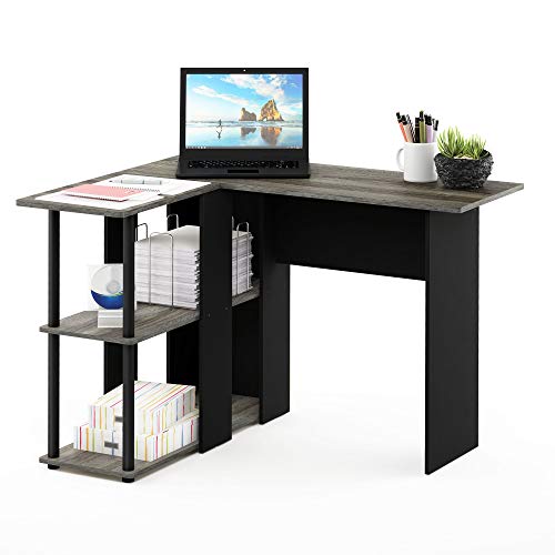 Furinno Abbott L-Shape Computer Desk with Bookshelf, French Oak Grey/Black