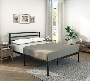 ambee21 modern queen platform metal bed frame with headboard, black heavy duty iron metal bed frame, sturdy mattress support, under bed storage, steel slat support