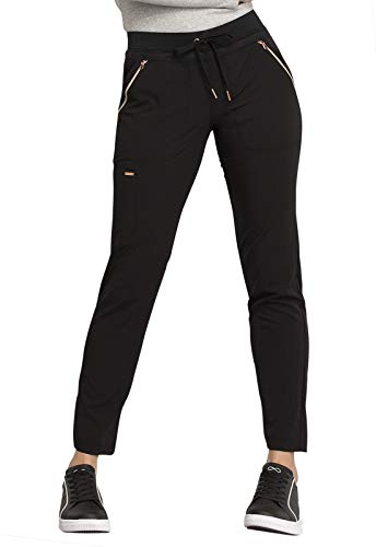 Cherokee Statement Women Scrubs Pant Mid Rise Tapered Leg Drawstring CK055, S, Black