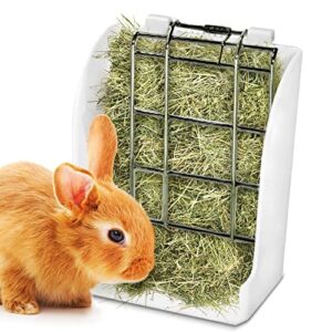 sungrow hay feeder for rabbits, hamster, chinchilla, indoor food dispenser, no mess hay rack manger for small animals, hanging alfalfa and timothy hay dispenser, guinea pig cage accessories, white