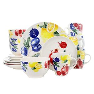 elama round stoneware fruity dinnerware dish set, 16 piece, white with multicolored fruit