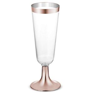 50 plastic rose gold rimmed champagne flutes | 5.5 oz. clear hard disposable party & wedding cups | premium heavy duty fancy champagne flute or toasting glasses (50-pack) gold rim by bloomingoods