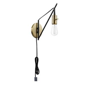 globe electric 51343 1-light plug-in or hardwire wall sconce, bronze finish, brass accents, 6ft black woven fabric cord, flat plug, socket rotary on/off switch