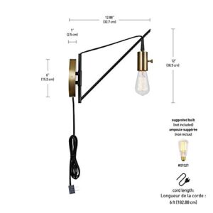 Globe Electric 51343 1-Light Plug-in or Hardwire Wall Sconce, Bronze Finish, Brass Accents, 6ft Black Woven Fabric Cord, Flat Plug, Socket Rotary On/Off Switch