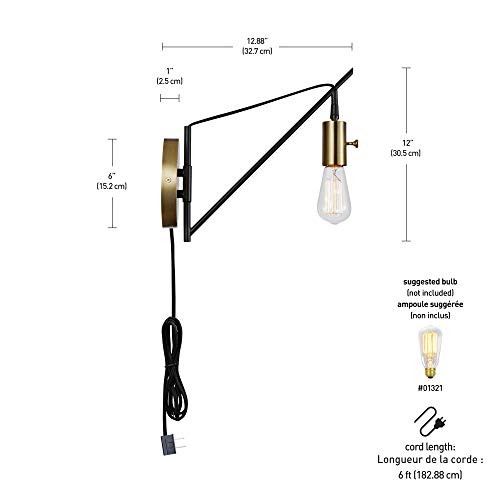 Globe Electric 51343 1-Light Plug-in or Hardwire Wall Sconce, Bronze Finish, Brass Accents, 6ft Black Woven Fabric Cord, Flat Plug, Socket Rotary On/Off Switch