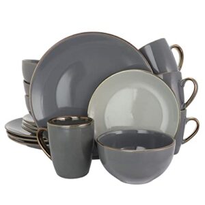 elama round stoneware grand collection dinnerware dish set, 16 piece, assorted solid gray