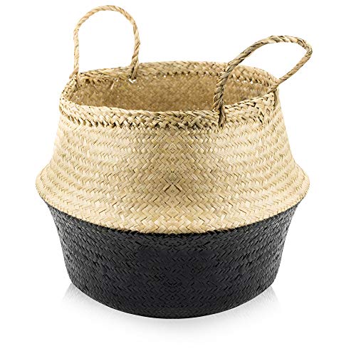 ACELEY Woven Seagrass Belly Basket for Storage – Modern Home Decor Plant Pot Cover, Toy Storage, Wicker Baskets, Plant Basket, Collapsible Laundry Basket, Foldable, Hand Made Seagrass Basket