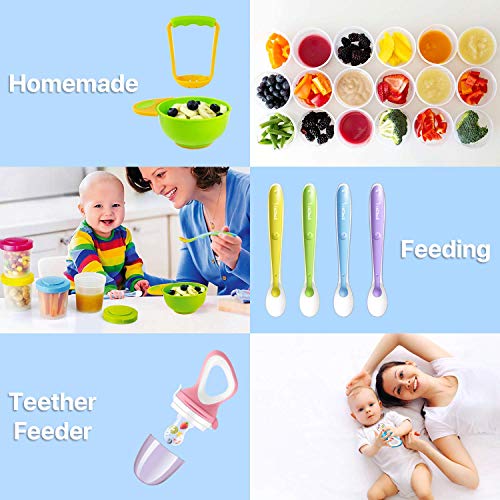 Food Feeder Baby Fresh Fruit Feeder (2 Pack) with 3 Different Sized Silicone Pacifiers, Mash and Serve Bowl with 4 Soft-Tip Silicone Baby Spoons, Perfect Baby First Stage Feeding Set by MICHEF