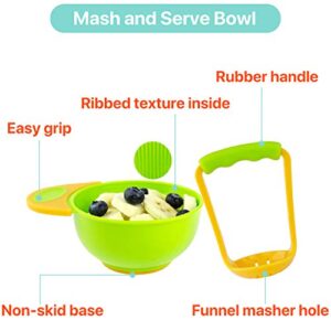 Food Feeder Baby Fresh Fruit Feeder (2 Pack) with 3 Different Sized Silicone Pacifiers, Mash and Serve Bowl with 4 Soft-Tip Silicone Baby Spoons, Perfect Baby First Stage Feeding Set by MICHEF