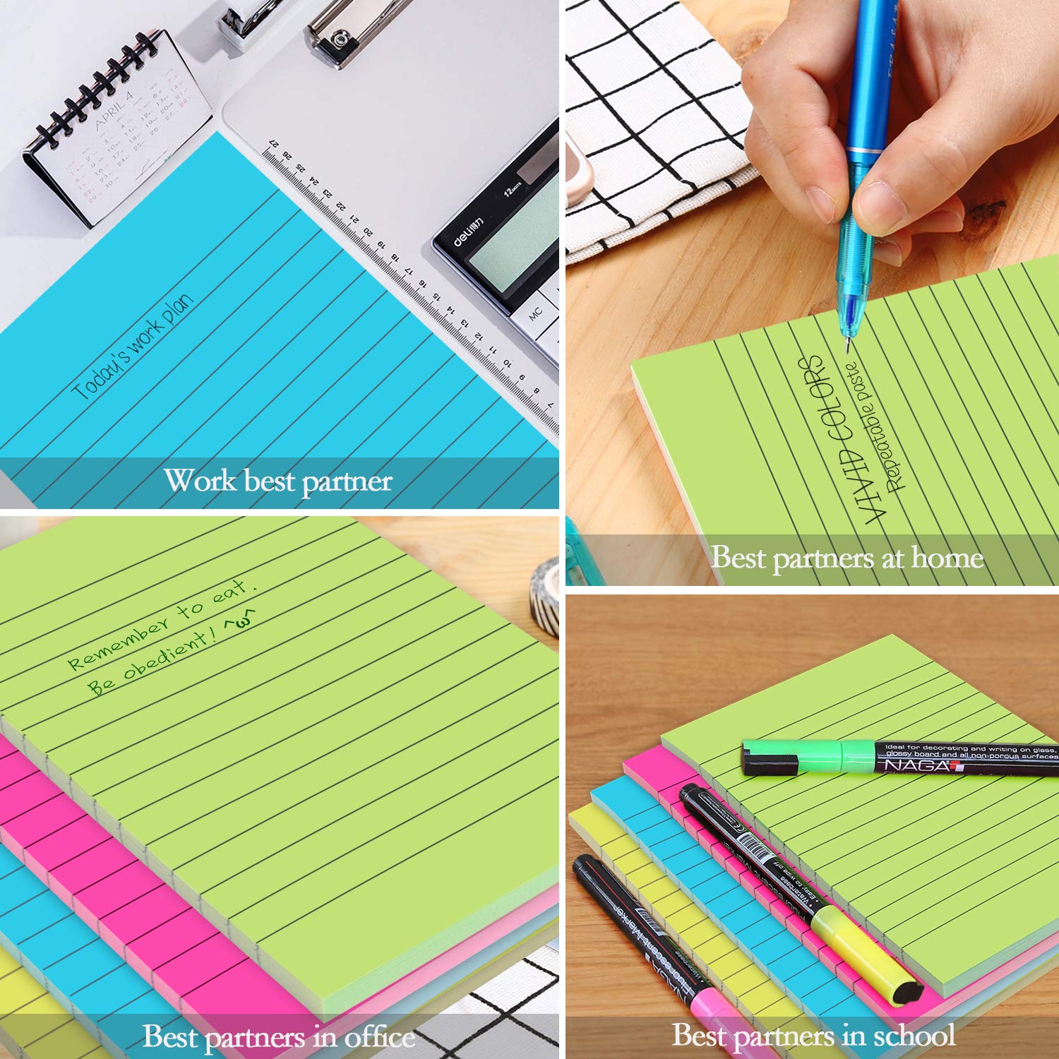 Sticky Notes, 4 Colors 200 Sheets Lined Post Memos, 4" x 6" Removable Self Stick Notes Pad with Lines for Office, Home, & School, Pink, Yellow, Baby Blue & Grass Green (Pack of 4)