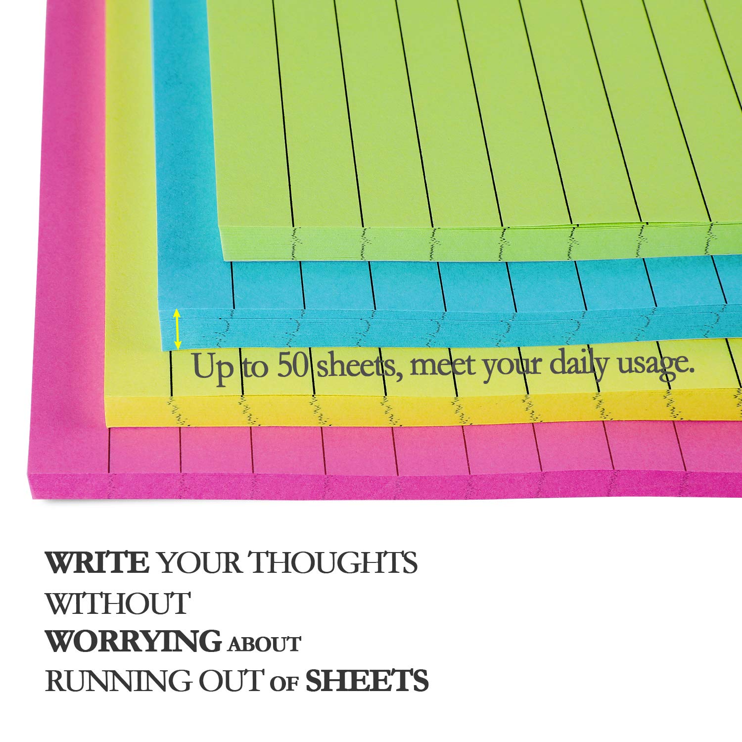 Sticky Notes, 4 Colors 200 Sheets Lined Post Memos, 4" x 6" Removable Self Stick Notes Pad with Lines for Office, Home, & School, Pink, Yellow, Baby Blue & Grass Green (Pack of 4)