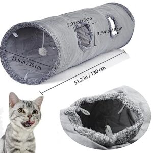 LeerKing Extra Long Cat Tunnel 51"(L) Dia 12" for Large Fat Cat Crinkle Tube connectable Indoor Outdoor Hideaway Toy for Rabbit Puppy, Grey