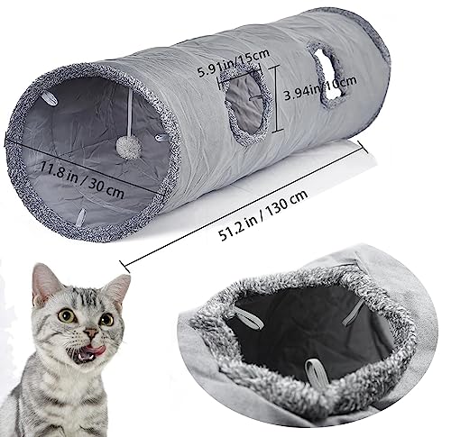 LeerKing Extra Long Cat Tunnel 51"(L) Dia 12" for Large Fat Cat Crinkle Tube connectable Indoor Outdoor Hideaway Toy for Rabbit Puppy, Grey