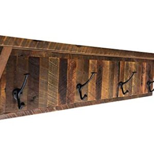 Wall Mounted Reclaimed Barnwood Coat Rack with Shelf – Rustic Wooden Entryway Shelf with Wrought Iron Hooks – Wall Shelf Coat Hanger – Hanging Coat Shelf (48" W x 10.5" H x 7.5" D, Reclaimed Wood)