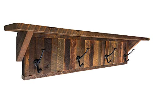 Wall Mounted Reclaimed Barnwood Coat Rack with Shelf – Rustic Wooden Entryway Shelf with Wrought Iron Hooks – Wall Shelf Coat Hanger – Hanging Coat Shelf (48" W x 10.5" H x 7.5" D, Reclaimed Wood)