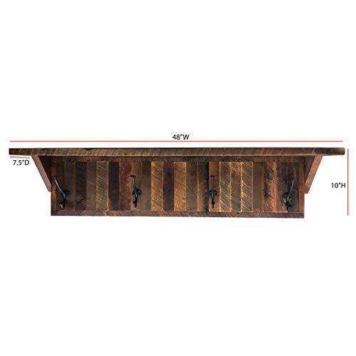 Wall Mounted Reclaimed Barnwood Coat Rack with Shelf – Rustic Wooden Entryway Shelf with Wrought Iron Hooks – Wall Shelf Coat Hanger – Hanging Coat Shelf (48" W x 10.5" H x 7.5" D, Reclaimed Wood)