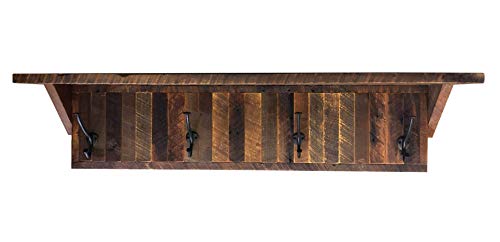 Wall Mounted Reclaimed Barnwood Coat Rack with Shelf – Rustic Wooden Entryway Shelf with Wrought Iron Hooks – Wall Shelf Coat Hanger – Hanging Coat Shelf (48" W x 10.5" H x 7.5" D, Reclaimed Wood)