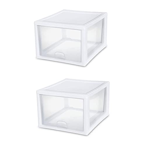 Sterilite 27 Quart White Frame Clear Plastic Stackable Storage Container Bin w/Single Drawer for Craft, Pantry, Sink, & Desktop Organization, 2 Pack