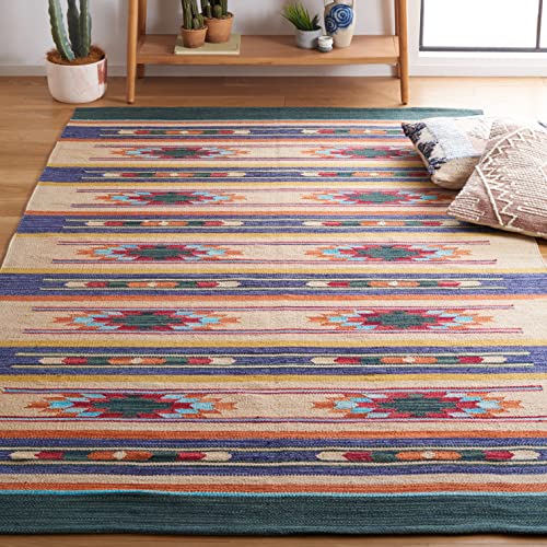 SAFAVIEH Cotton Kilim Collection Accent Rug - 4' x 6', Blue & Ivory, Handmade Southwestern Boho Tribal Cotton, Ideal for High Traffic Areas in Entryway, Living Room, Bedroom (KLC301M)