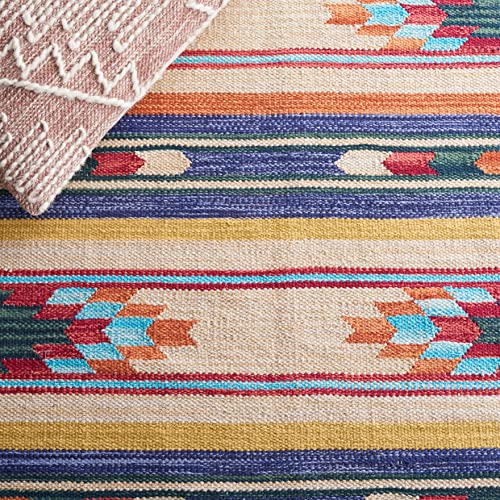 SAFAVIEH Cotton Kilim Collection Accent Rug - 4' x 6', Blue & Ivory, Handmade Southwestern Boho Tribal Cotton, Ideal for High Traffic Areas in Entryway, Living Room, Bedroom (KLC301M)