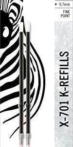 Zebra Pen X-701 Stainless Steel Ballpoint Pen Refill, Fine Point, 0.7mm, Black Ink, 2-Pack