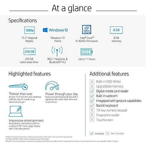 HP Pavilion 13-inch Light and Thin Laptop Intel Core i5-8265U Processor, 8 GB SDRAM Memory, 256 GB Solid-State Drive, Windows 10 (13-an0010nr, Mineral Silver) (4WJ36UA#ABA)