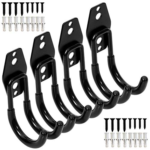 Yisunnan Wall Mount Double Hook,Heavy Duty Steel Garage Storage Utility Hooks with Anti-Slip Coating,Load Capacity 66 LB (4 Pack Black 2.8" Round J Hook)