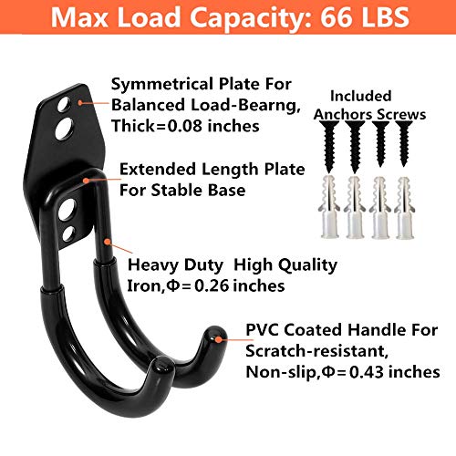 Yisunnan Wall Mount Double Hook,Heavy Duty Steel Garage Storage Utility Hooks with Anti-Slip Coating,Load Capacity 66 LB (4 Pack Black 2.8" Round J Hook)