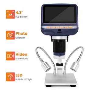 Andonstar AD106S USB Digital Microscope with 4.3 inch LCD Screen, 200X for Circuit Board Soldering, Coin Microscope Camera with 8 Adjustable LED Lights, Metal Stand, Windows Compatible