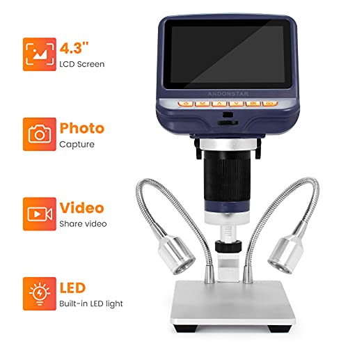 Andonstar AD106S USB Digital Microscope with 4.3 inch LCD Screen, 200X for Circuit Board Soldering, Coin Microscope Camera with 8 Adjustable LED Lights, Metal Stand, Windows Compatible