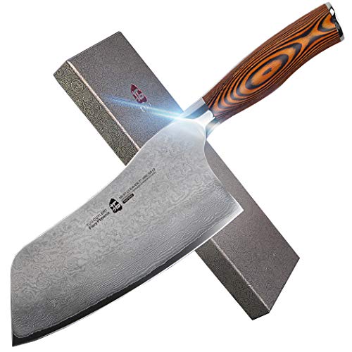 TUO Cutlery Cleaver Knife - Japanese AUS-10 67-Layers Damascus Steel - Chinese Chef's Knife for Meat and Vegetable with Ergonomic Pakkawood Handle - 7" - Fiery Series