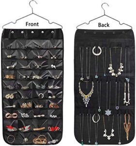 hanging jewelry organizer, double sided 40 pockets and 20 magic tape hook jewelry organizer, necklace holder jewelry chain organizer for earrings necklace bracelet ring with hanger, black