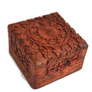 Artncraft Jewelry Box Novelty Item, Unique Artisan Traditional Hand Carved Rosewood Jewelry Box From India Inside