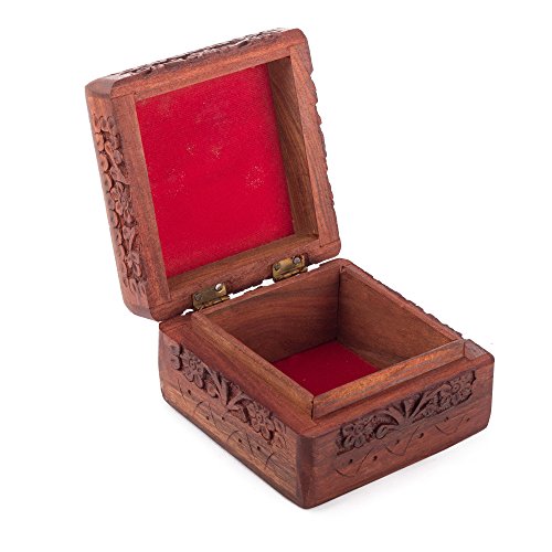 Artncraft Jewelry Box Novelty Item, Unique Artisan Traditional Hand Carved Rosewood Jewelry Box From India Inside