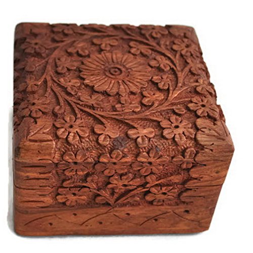 Artncraft Jewelry Box Novelty Item, Unique Artisan Traditional Hand Carved Rosewood Jewelry Box From India Inside