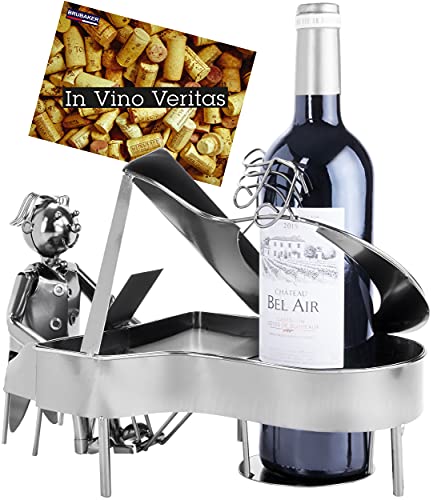 BRUBAKER Wine Bottle Holder 'Grand Piano' - Table Top Metal Sculpture - with Greeting Card