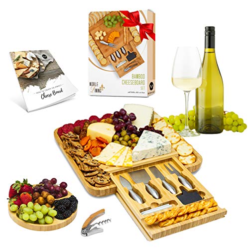 Morvat Bamboo Wood Cheese & Cracker Board Set, Charcuterie Cutting Tray, Serving Gift for Wedding Housewarming Birthday & Holidays, Includes Round Platter & Fully Stainless Steel Cutlery & Corkscrew