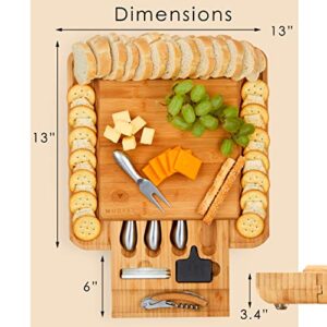 Morvat Bamboo Wood Cheese & Cracker Board Set, Charcuterie Cutting Tray, Serving Gift for Wedding Housewarming Birthday & Holidays, Includes Round Platter & Fully Stainless Steel Cutlery & Corkscrew